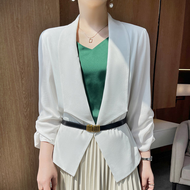 Acetate satin white small blazer women's summer thin small plaid casual ...
