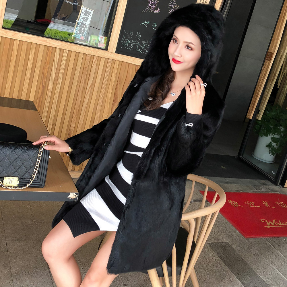 Autumn and winter new full-skin rabbit fur coat women's hooded coat ...