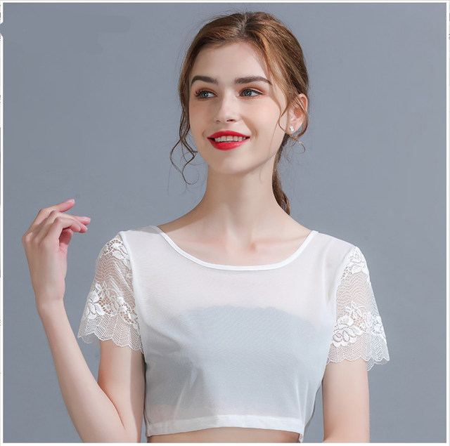 Half -body bottoming shirt Half mesh white sexy inner lace tube top top ...