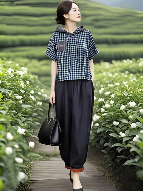 Retro old cotton plaid hem drawstring top + elastic waist loose and ...