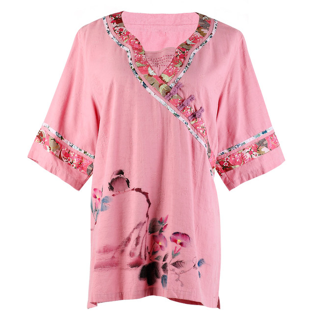 Tang suit tops for women cotton linen loose short sleeves Chinese tilt ...