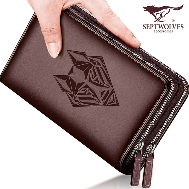 Seven wolf men's handbags, leather double zipper wolf wolf head holding ...