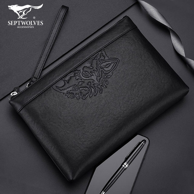 Seven wolf men's handbags, leather fabrics, tide wolf head thin hand ...