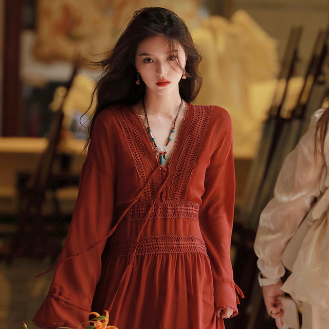 AZure French retro deep V tie dress waist lace lace dress long sleeves ...