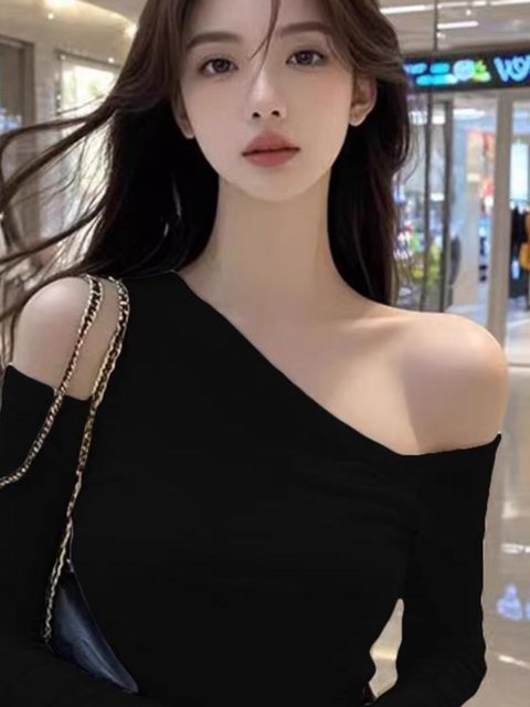 Sexy hot girl style slanted neck hollow long-sleeved top spring and ...