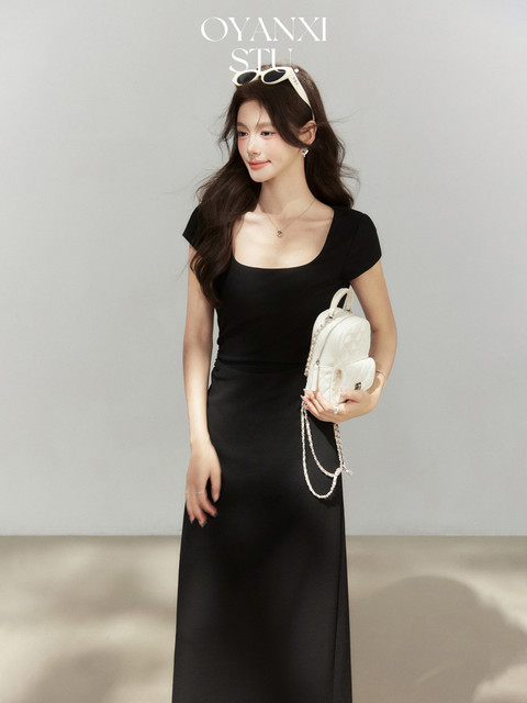 Ouyang Xi French square collar apricot design dress for women in summer waist-hugging ...