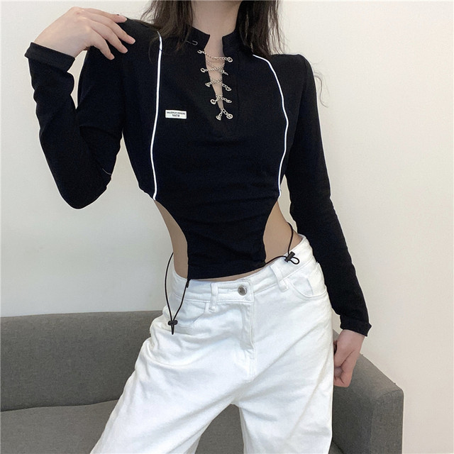 gagaopt homemade new pullover chain strap short top women leaking waist long sleeve black tight ...