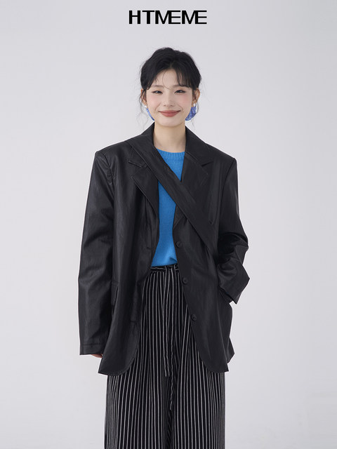 Flower Field Showcase HTmeme Fashionable Formula ~ Black PU Leather Jacket Women's Spring Loose ...