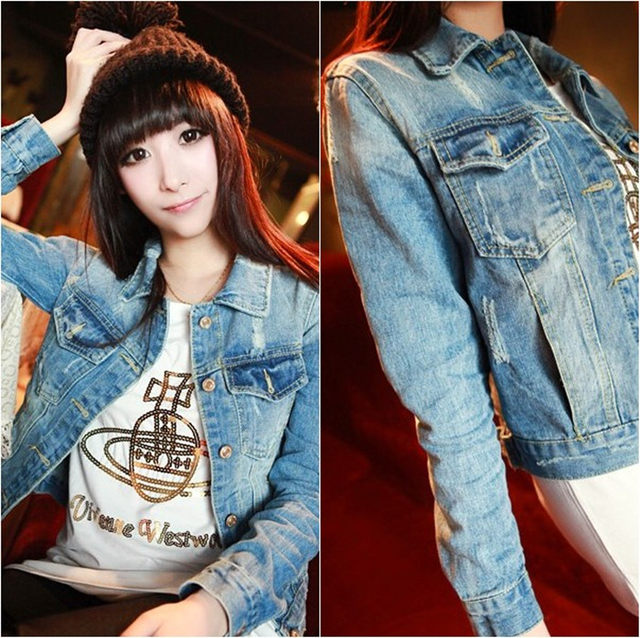New spring student casual slim ripped denim jacket women's long-sleeved ...