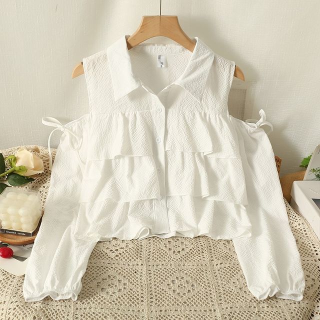 Ruffled off-shoulder Polo collar long-sleeved shirt for women autumn ...