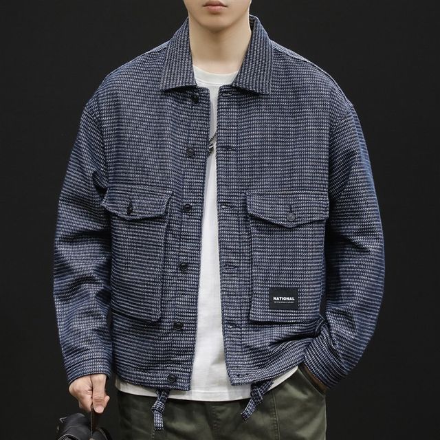 Small square denim jacket men's spring and autumn multi-pocket large ...