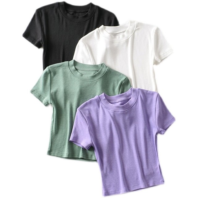 8 colors! Versatile basic high-elastic round neck cotton elastic short ...