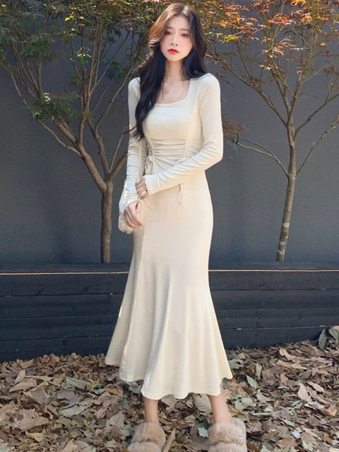 Pure square collar fishtail dress for women in spring, autumn and ...