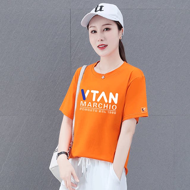 Pure cotton summer square dance round neck T -shirt female summer new ...