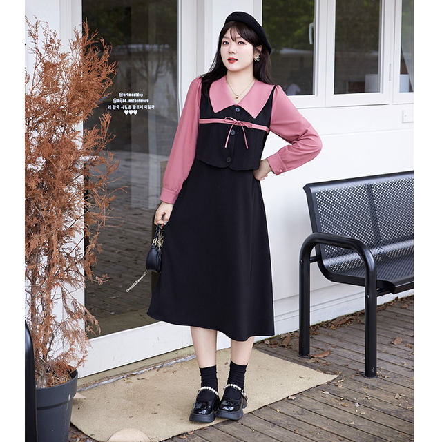Large size women's stitching fake two -piece dressed dress in autumn new and thin younger sister ...