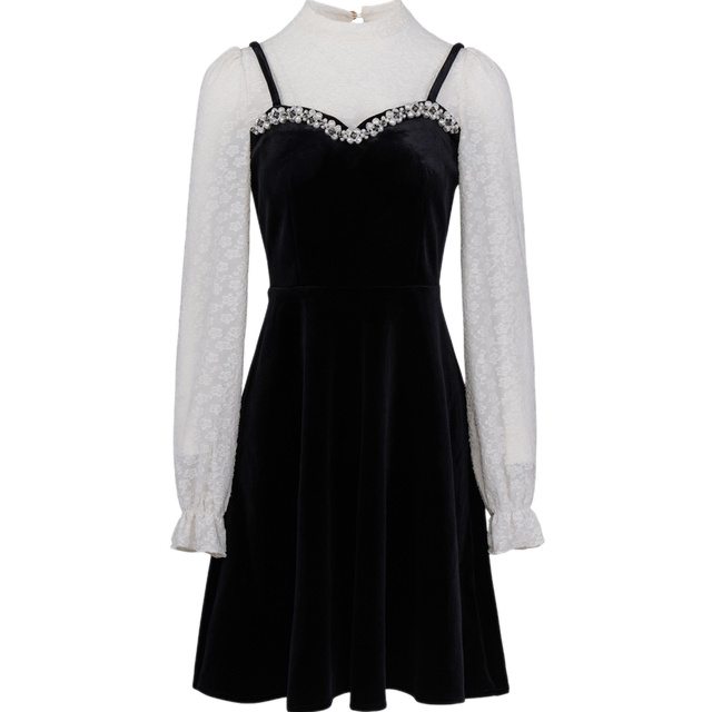 EMU Yimiao long -sleeved dress long sleeve black slim dress lace ...