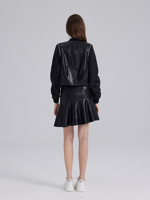 emu top PU jacket woven stitching wrinkled texture fashion leather ...