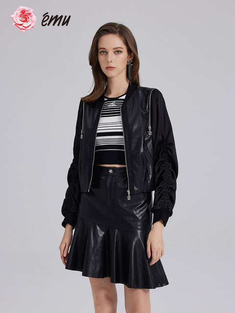 emu top PU jacket woven stitching wrinkled texture fashion leather ...