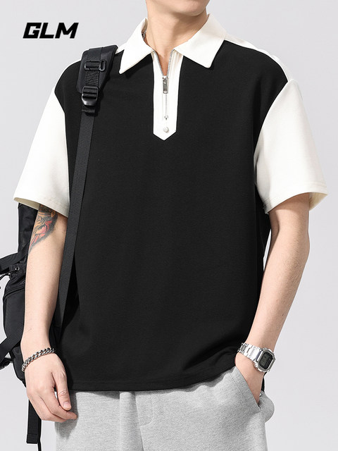 GLM contrasting color lapel short-sleeved polo shirt men's summer loose ...