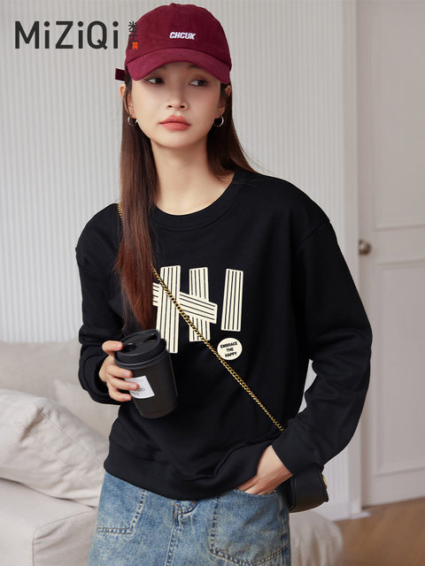 Mizi Banner Black Round Neck sweater Women's autumn and winter 2024 new ...