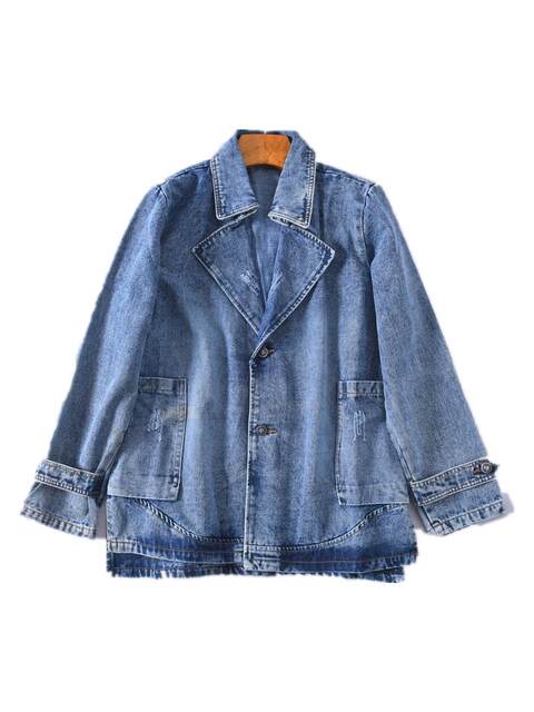 Retro grinding white wash blue loose denim short jacket for men and ...