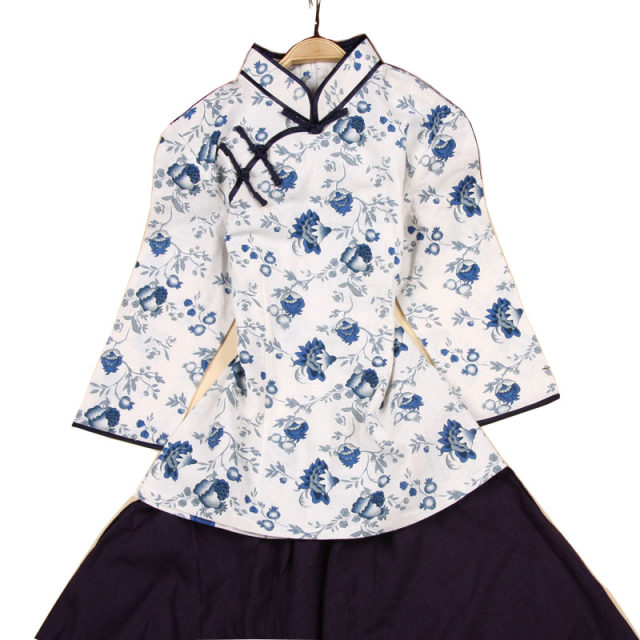 Tang suit women's blue and white classical autumn Hanfu cotton linen ...