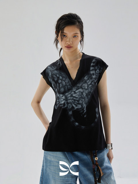 squarecircle square hand -painted leopard cat printed pattern V -neck loose sleeveless vest T ...