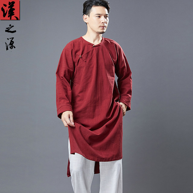 Chinese style medium-length round neck slanted Hanfu copper button ...