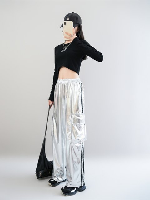 Modern dancing clothing loose, wide -leg silver pants, bright noodles ...