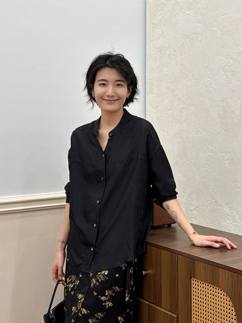 Langqing black silk shirt for women early autumn light luxury high-end shirt new Chinese ...