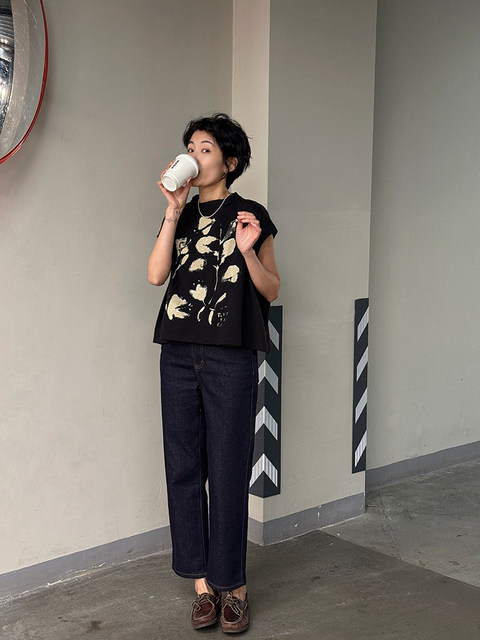 Langqing Japanese printed short-sleeved women's T-shirt tops for summer new loose cotton ...