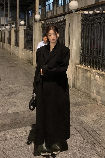 Luobian 'Hua Bing waist' wool hair coat double -sided loose medium long ...