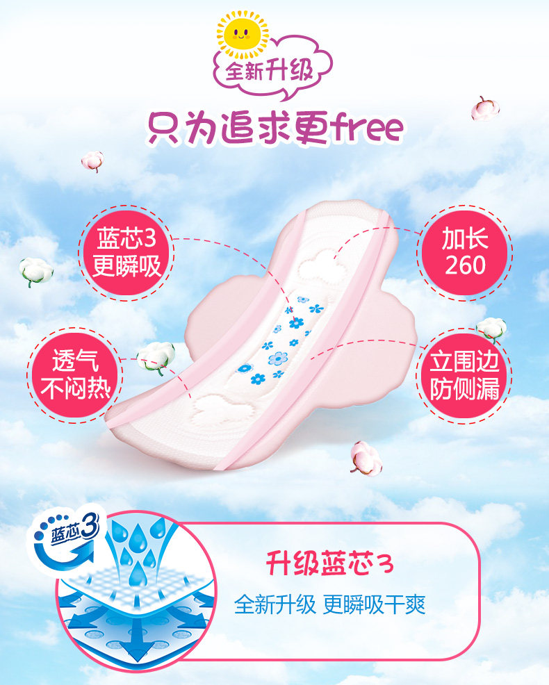 Free/fly sanitary napkins for multi-day use 260mm cotton soft and skin ...