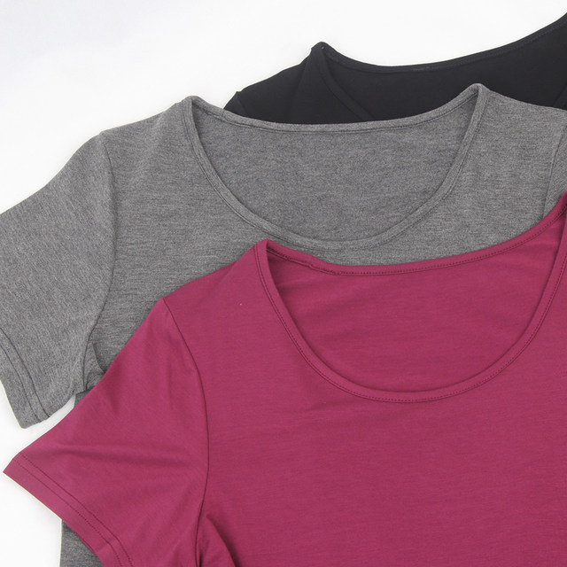 Modal mid-length short-sleeved women's round neck T-shirt slim black ...