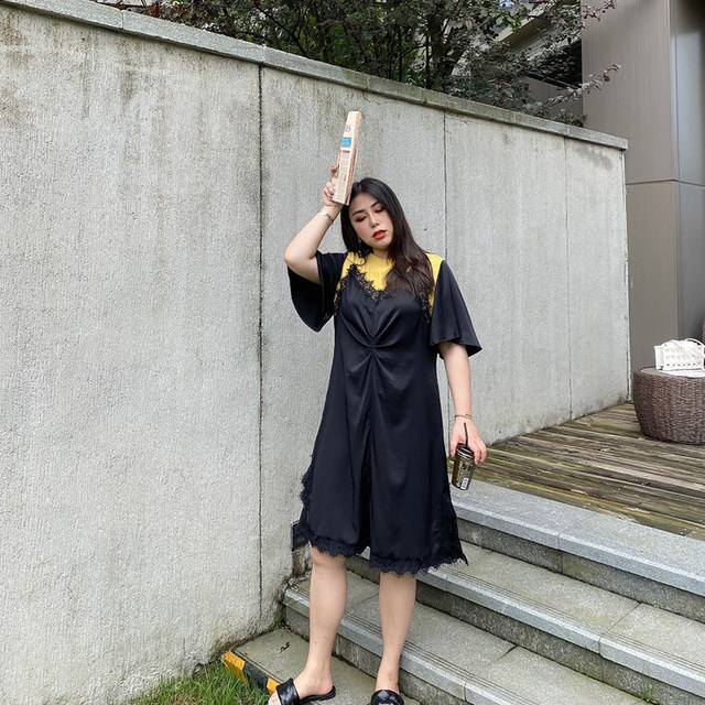 Cannes large size lace stitching fake two dresses in women's summer ...