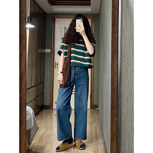 Vintage American retro striped t-shirt women's large size ins street ...