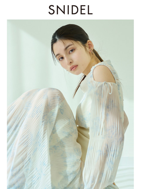 SNIDEL spring and summer temperament waist printing stand -shoulder pleated dress SWFO241050