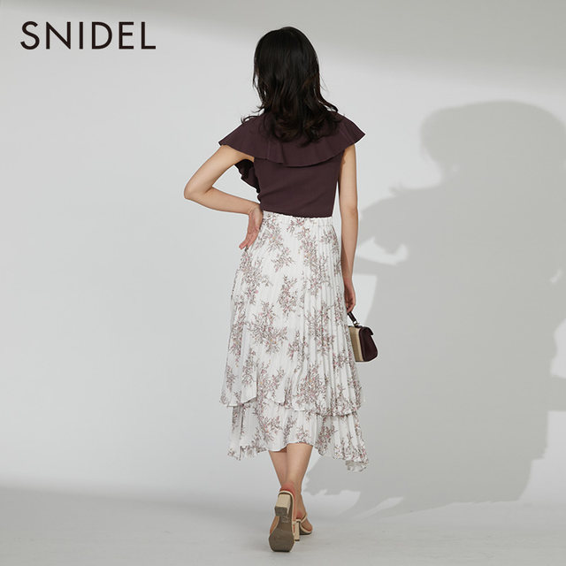 Snidel spring and summer sweet fairy pure color printing asymmetric pleated pleated cake skirt ...