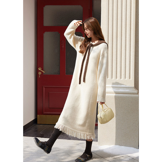 MISAZ recommends! Elegant fringed woolen puff sleeve dress with lazy ...