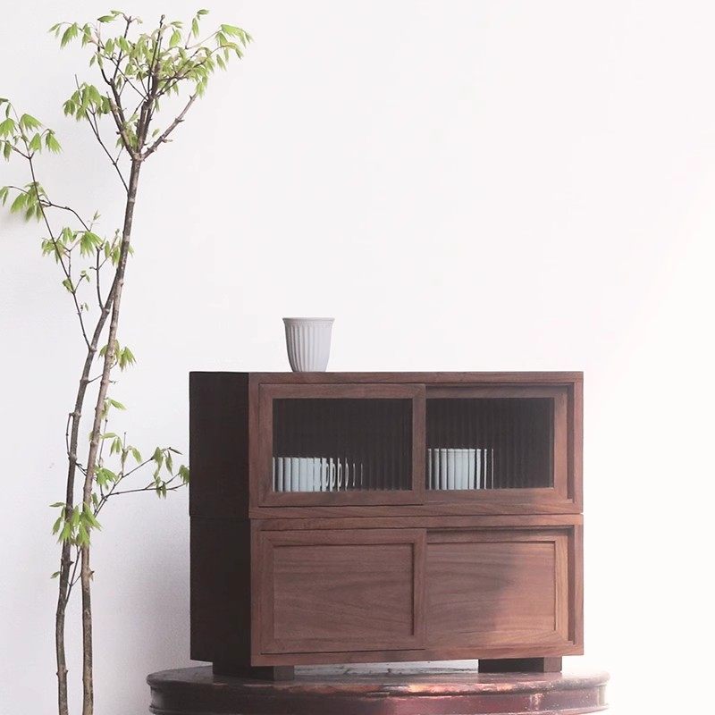 Black Walnut Japanese Storage Cabinet - Green Begonia Glass Sliding Door