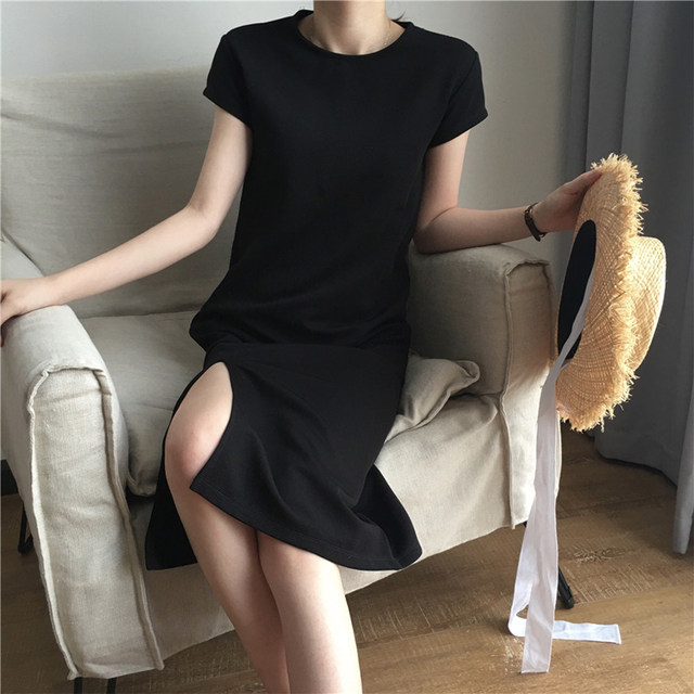 Tengdo Large Size Women's 2020 Summer New Mid-Length High-Slit Slim Round Neck Short Sleeve ...