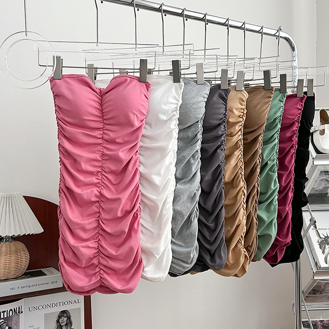 Sexy versatile solid color pleated slim fit elastic tube top dress hip ...