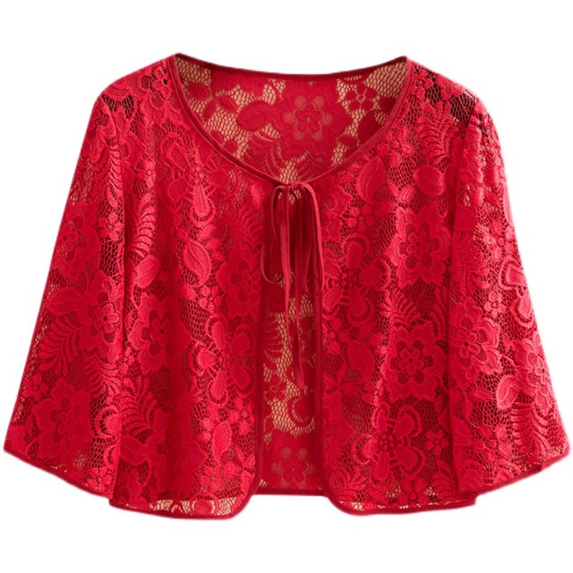 Commuting short large size short shawl top with belt and hollow lace ...