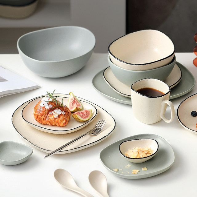 Hunchback Rain Grandma Home Japanese Ceramic Tableware Set Solid Color Simple Irregular Matte ...