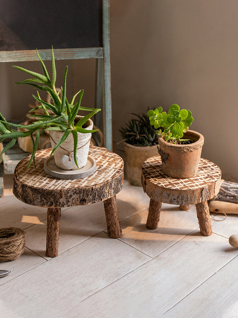 Solid wood stool retro nostalgic balcony storage flower stand support ...