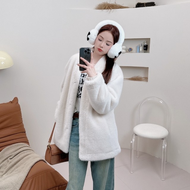 2024 new autumn and winter simple V-neck imitation mink fur coat for ...