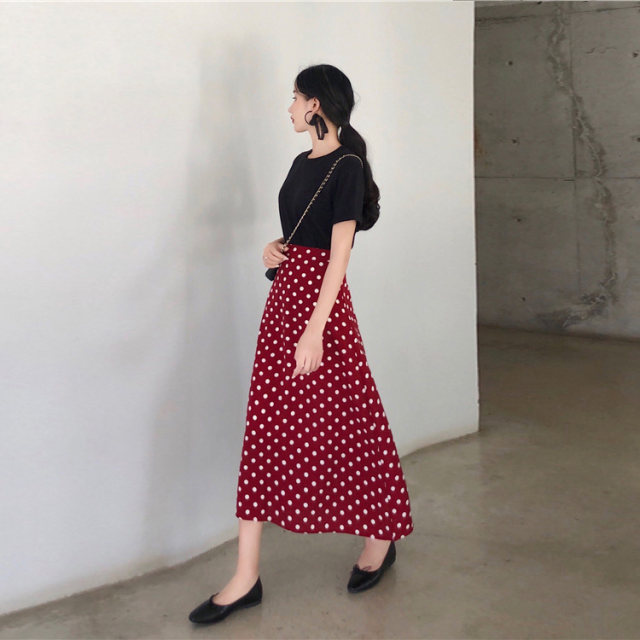 Polka-dot skirt plus size fat mm chiffon a-line skirt 2024 new high-waisted little black skirt ...