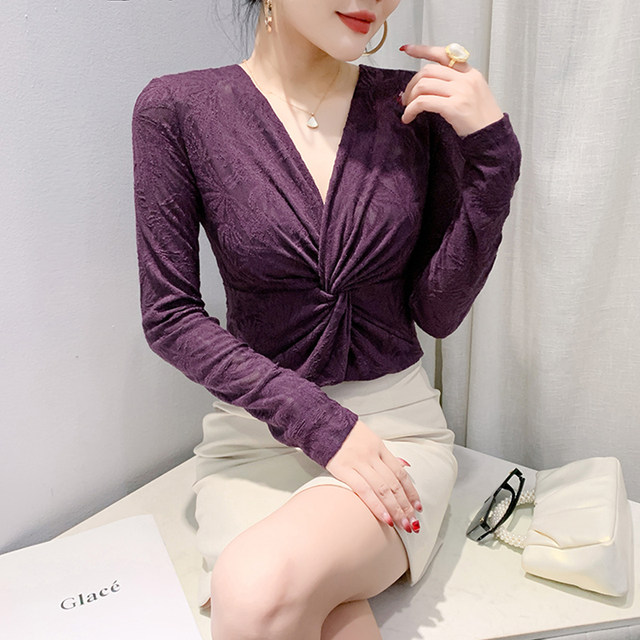 Temperament cross kink T-shirt for women long-sleeved autumn and winter ...