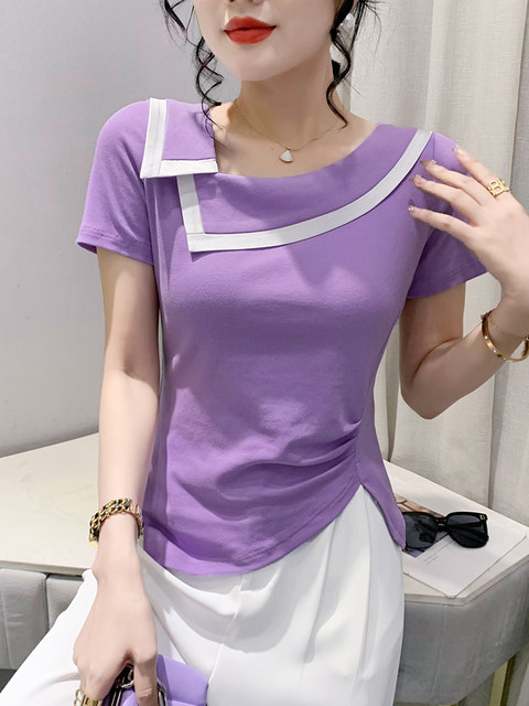 Fashionable slanted neck short-sleeved T-shirt for women 2025 summer ...