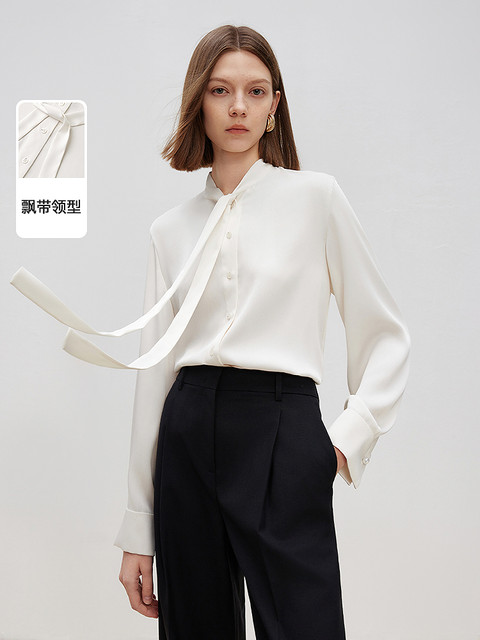 Langzi French high-end inner long-sleeved design white ribbon shirt top for women 2025 spring ...